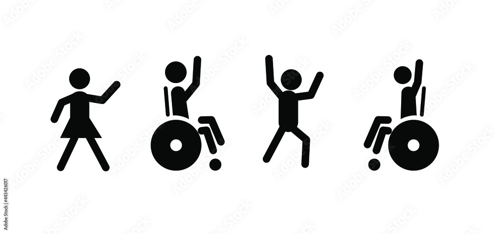 Social inclusion concept pictograms. Disabled people in wheelchairs and ...