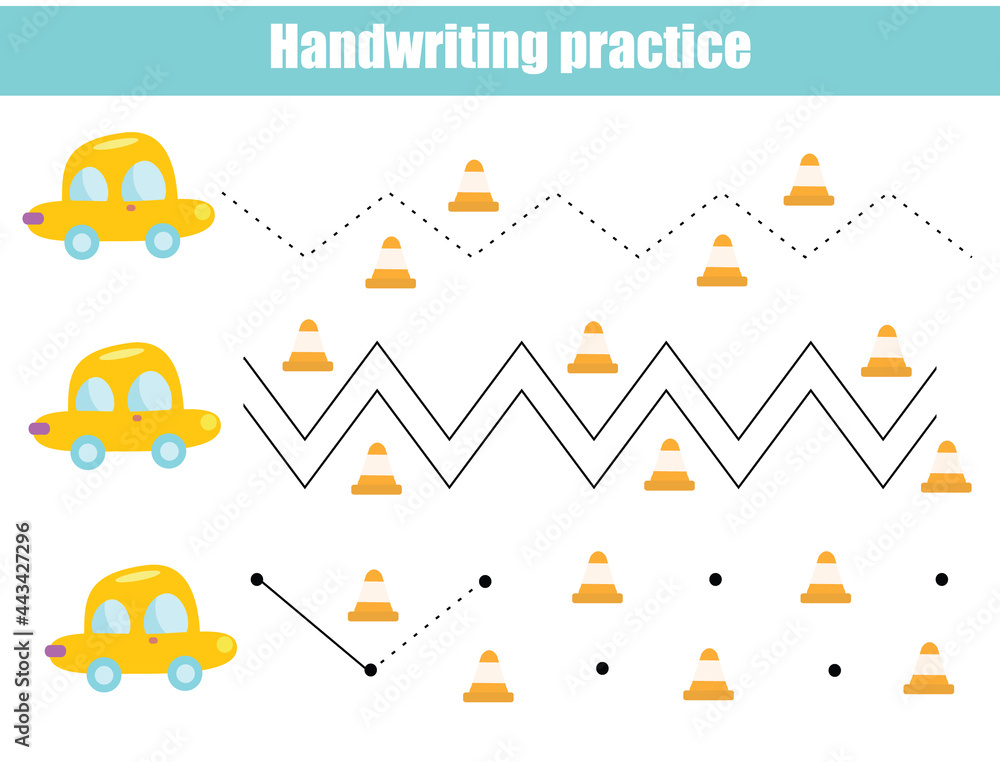Handwriting practice sheet with riding car. Educational children game ...