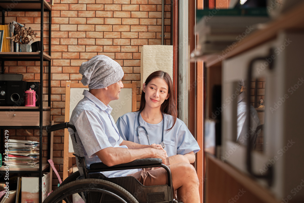 Cancer elderly patients in wheelchairs receive rehabilitation treatment ...