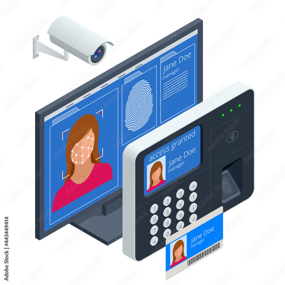 Isometric facial recognition system concept. Finger print scan for ... Isometric facial recognition system concept. Finger print scan for ...