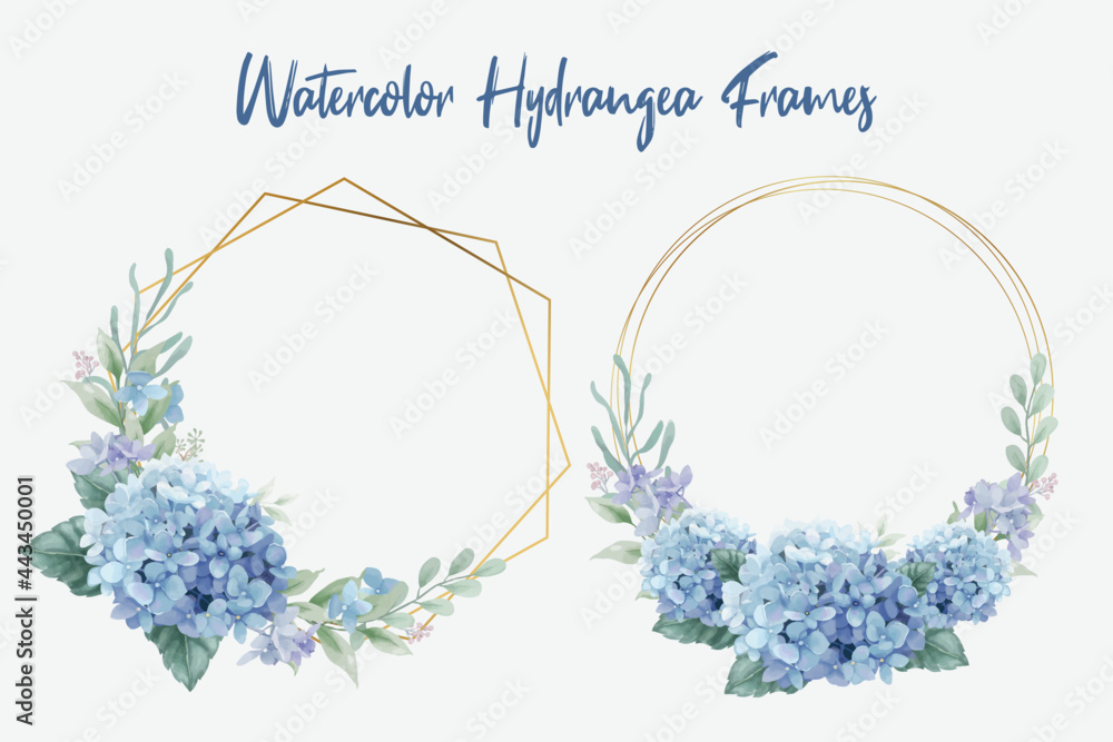 Geometric gold frames with blue hydrangea flowers. Watercolor floral ...
