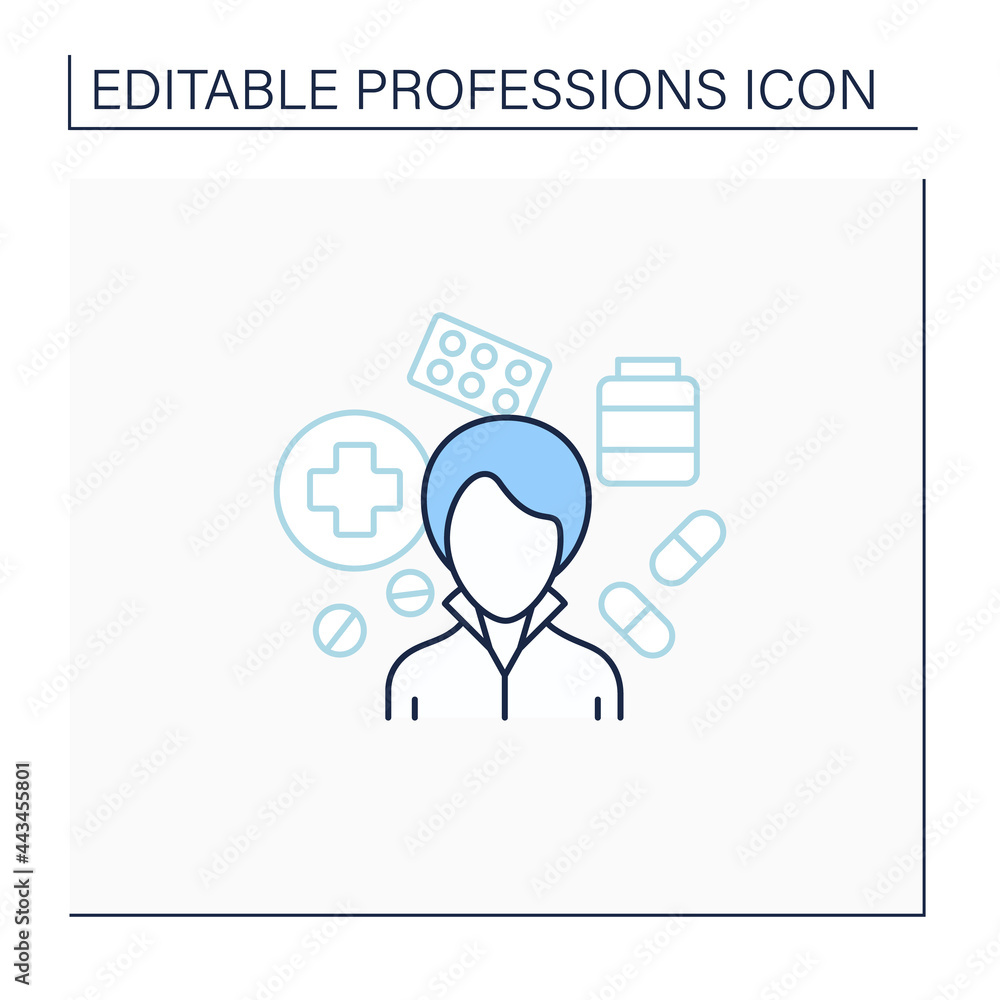 Pharmacist line icon. Woman work in pharmacies.Store, preserve, provide ...