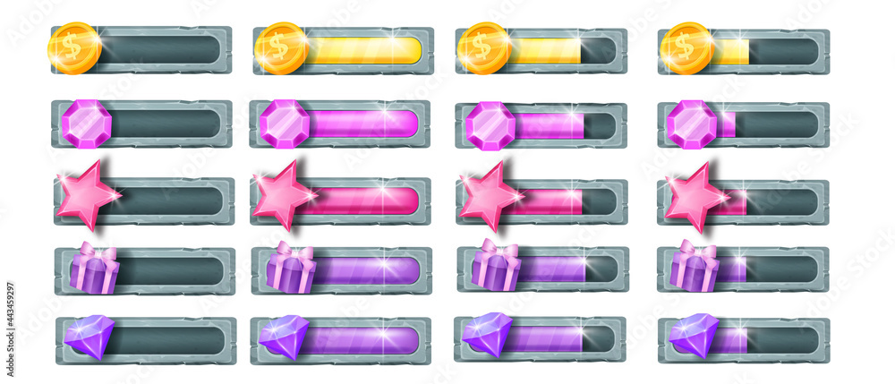 Game progress vector bar set, user interface bonus, energy life level ...
