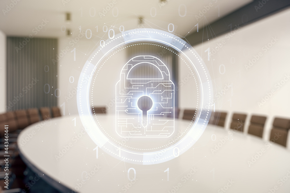 Virtual creative lock symbol and microcircuit illustration on a modern ...