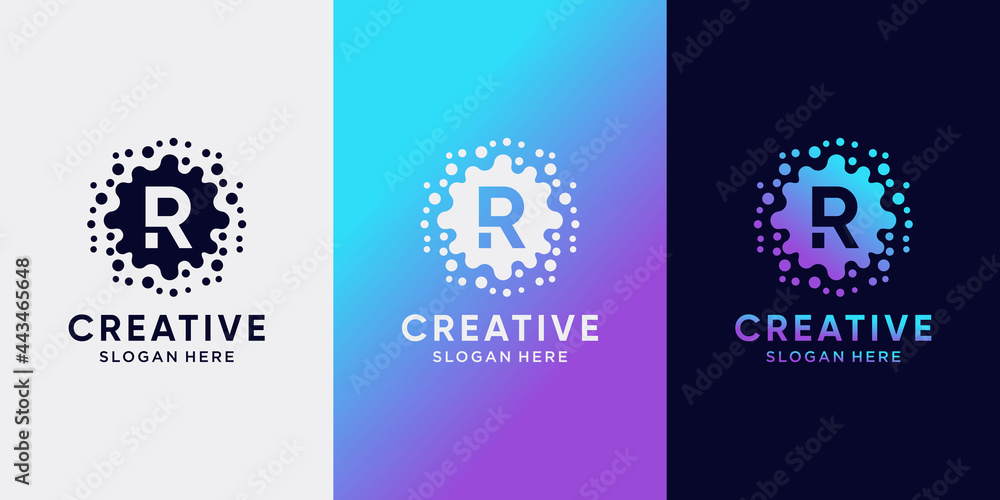 Creative monogram molecule logo design with initial letter R and dot ...