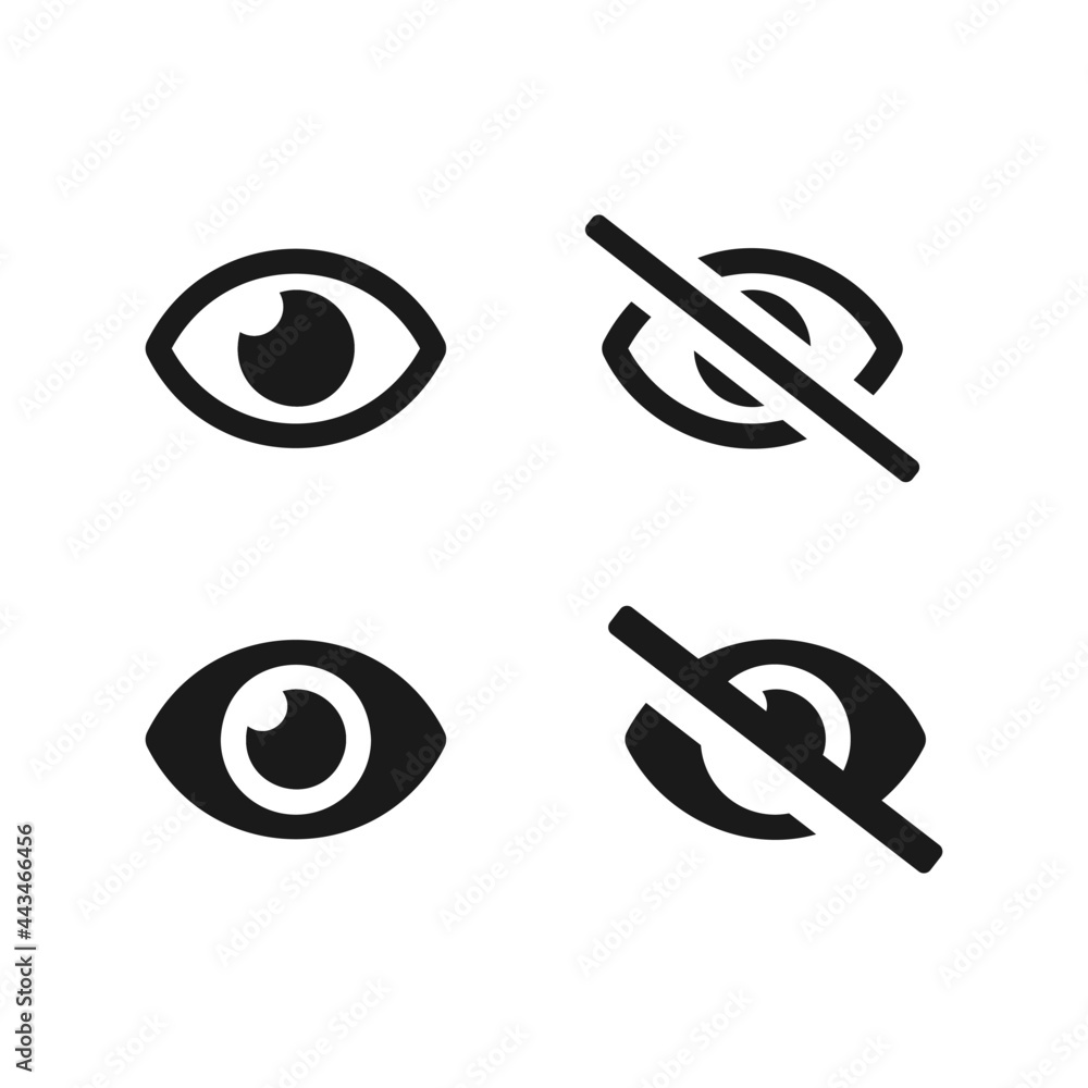 Vision and invisible eyes vector icons set. See and unsee black symbols ...