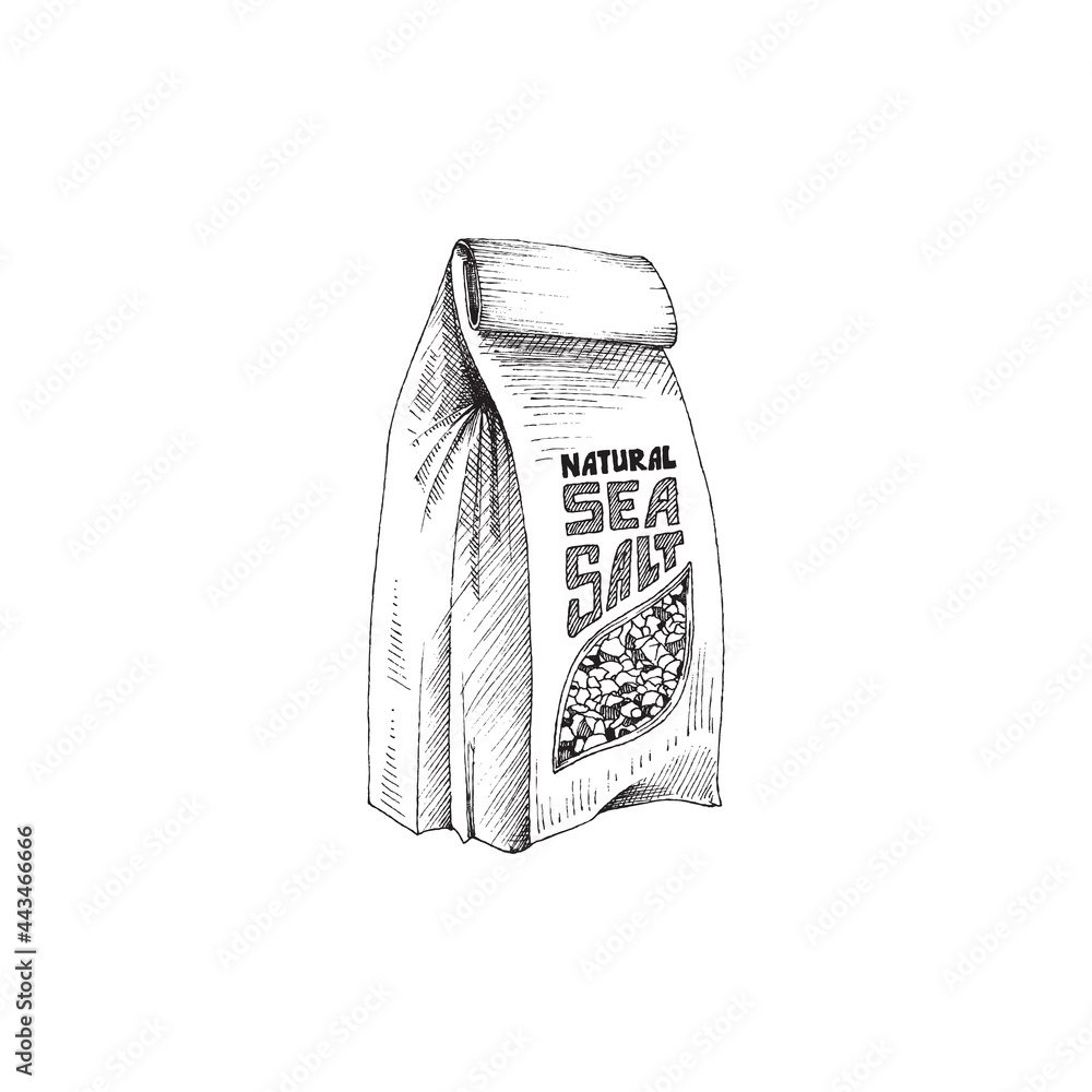 Sea salt paper bag, hand drawn engraving vector illustration isolated ...