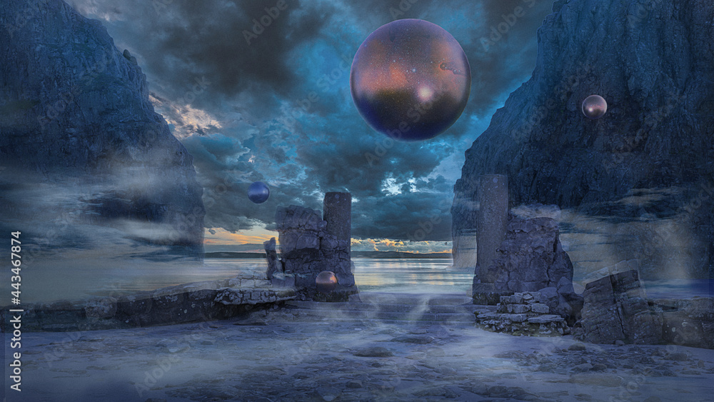 3d illustration of a surreal outdoor scene with floating orbs mountains ...