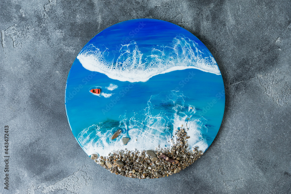 Resin art round painting. Epoxy art composition with blue ocean waves ...