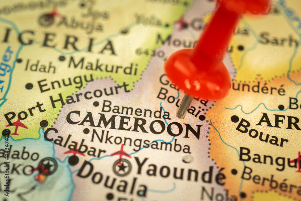 Location Cameroon, map with push pin close-up, travel and journey ...