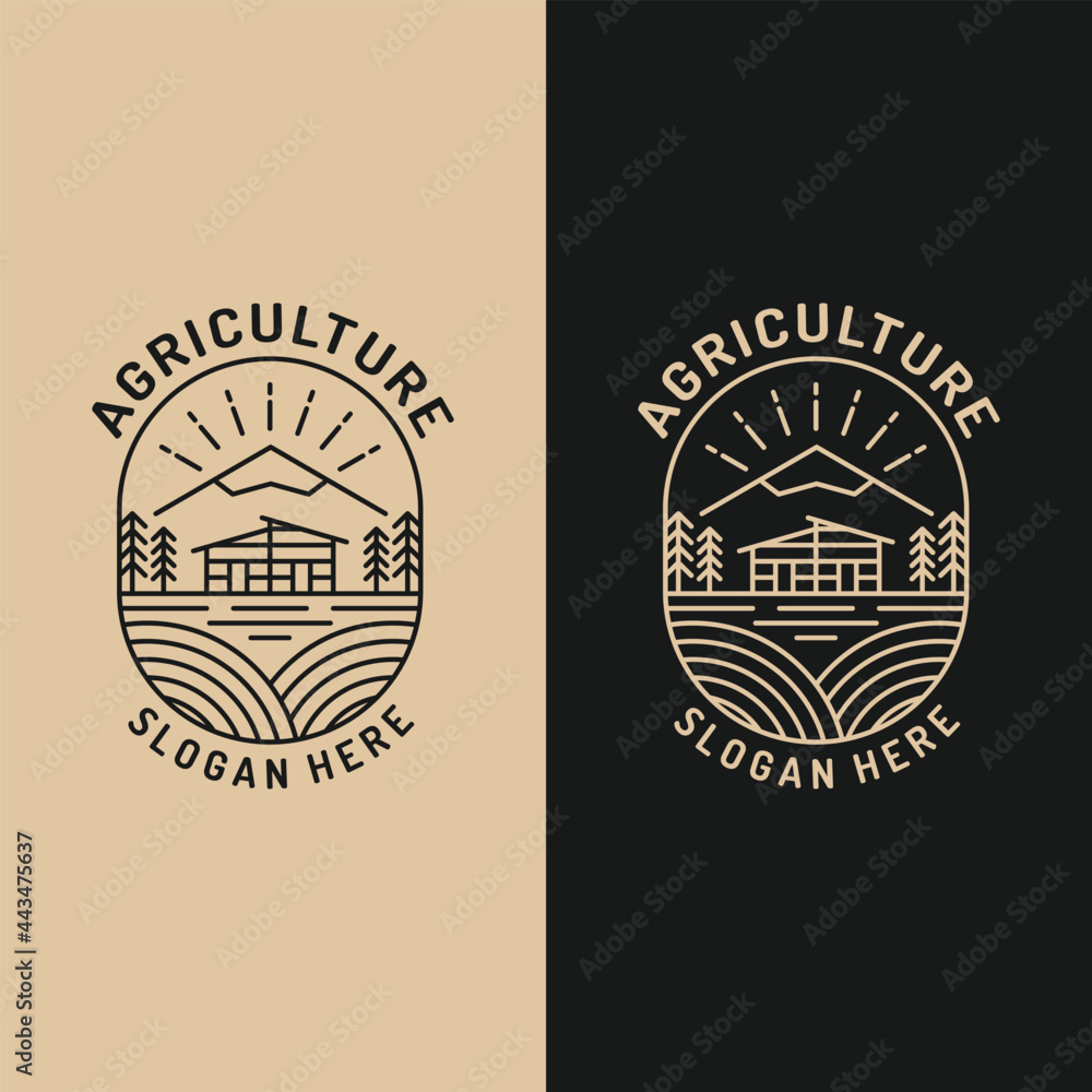 Farm Field with Cottage House and Mountain in Line Style Logo Design ...