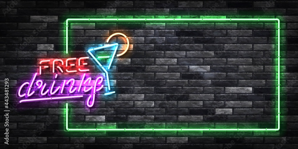 Vector realistic isolated neon sign of Free Drinks frame logo for ...