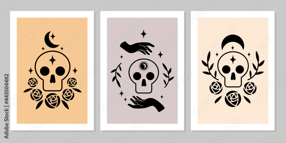 Set of skull magic symbols icon esoteric witch tattoos with crescent ...