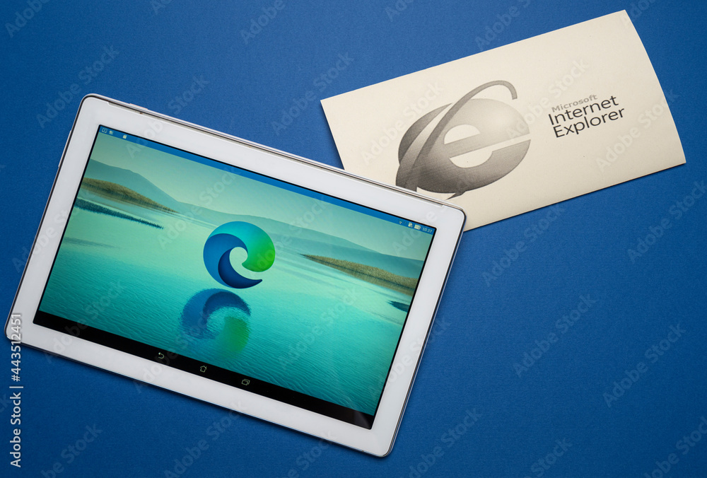the symbol of the new Microsoft Edge browser on a tablet screen with ...