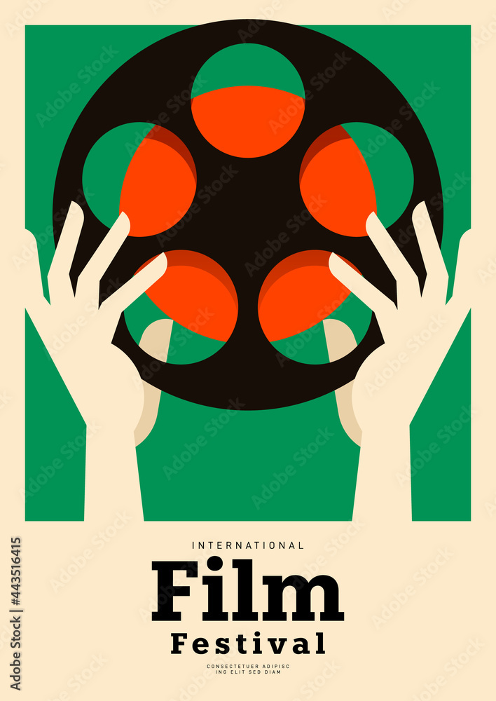 Movie and film poster design template background with vintage film reel ...