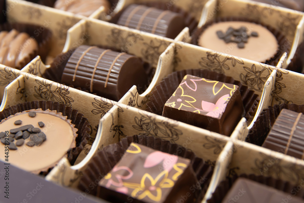 Chocolate candies set in an open box. Chocolate candy closeup. Assorted ...