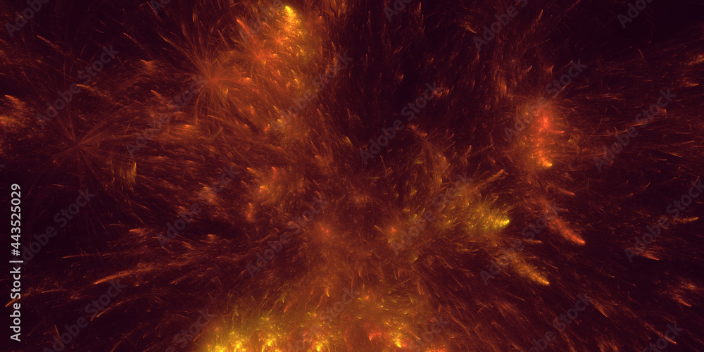 Abstract fire explosion on dark sky with scattered glowing flaming ...