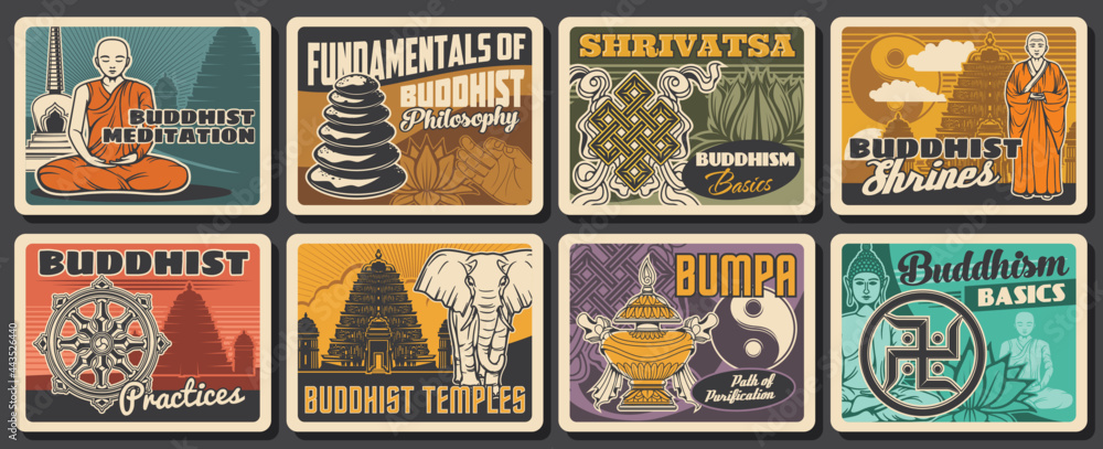 Buddhism religion and Buddhist meditation retro cards with vector ...