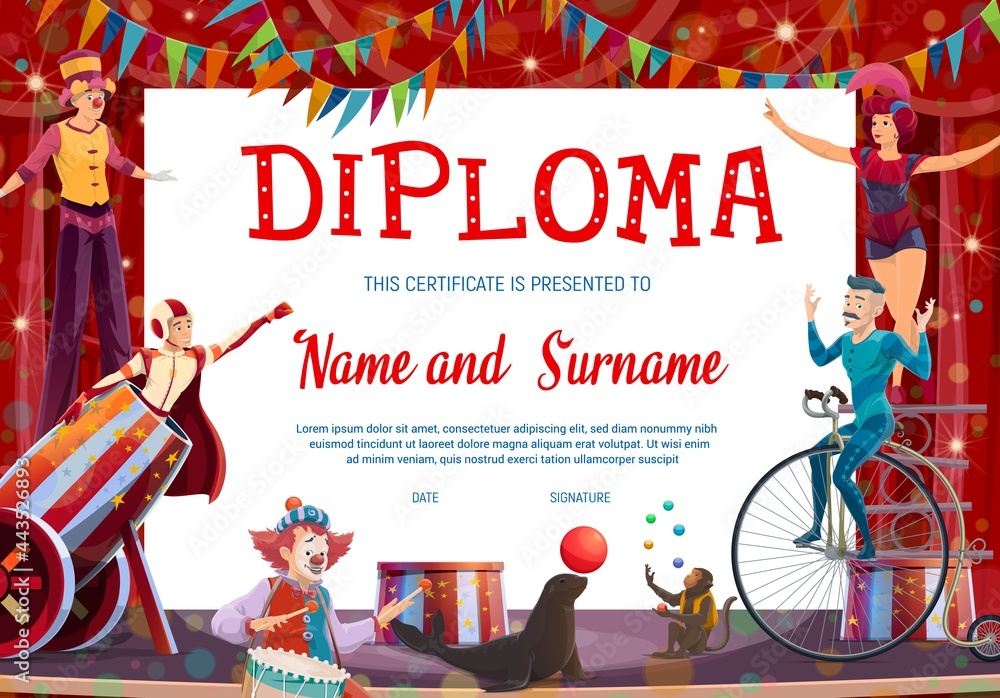 Kids diploma with shapito circus stage and performers, vector ...
