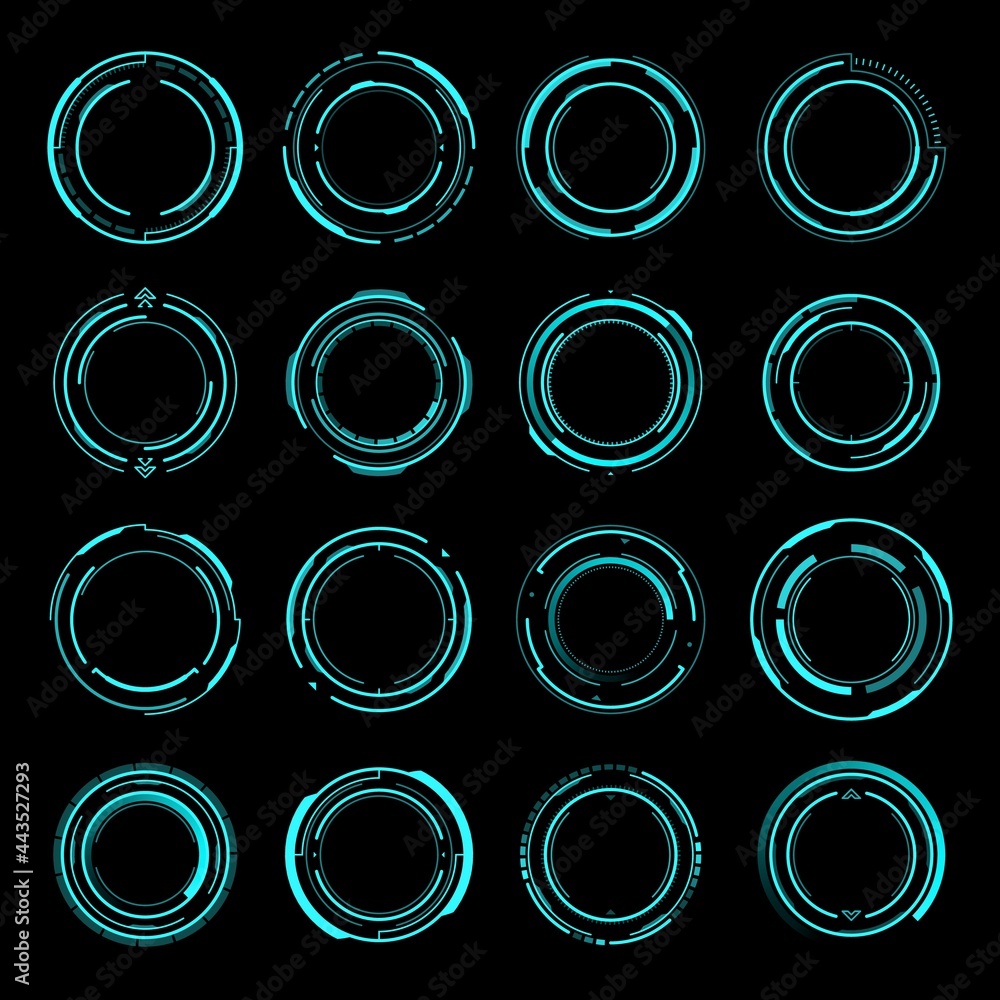 HUD round frames. Aim and target control panels, digital interface of ...