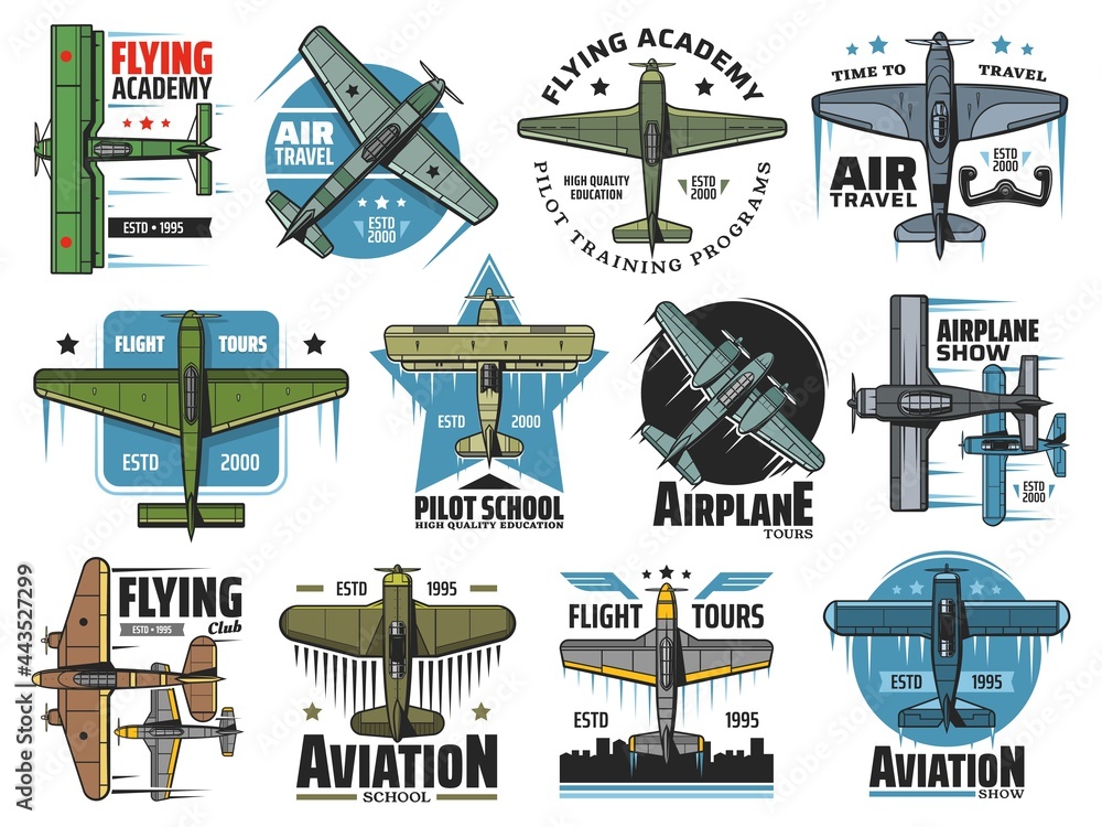 Flight school vector icons. Vintage plane flying in sky, airplane ...