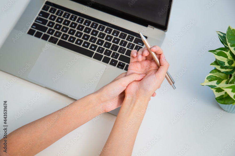 Concept office syndrome hand pain from occupational disease, woman ...