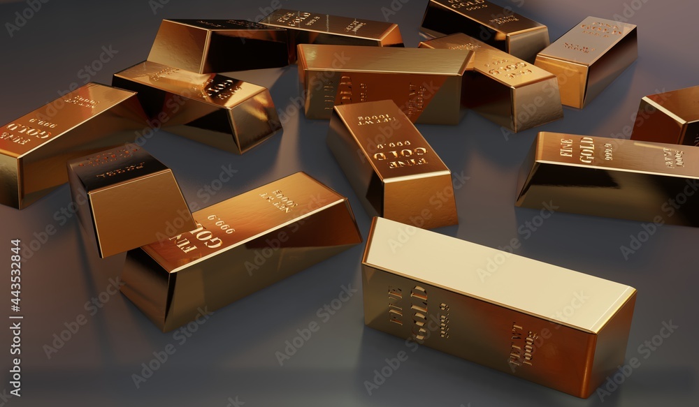 3D rendering of a Gold Bars stacked and isolated over white background ...