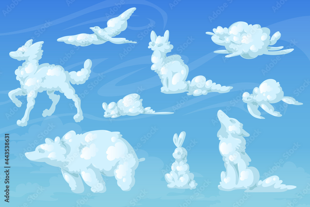White clouds in shape of cute animals. Fox, dog, bear, little mouse ...