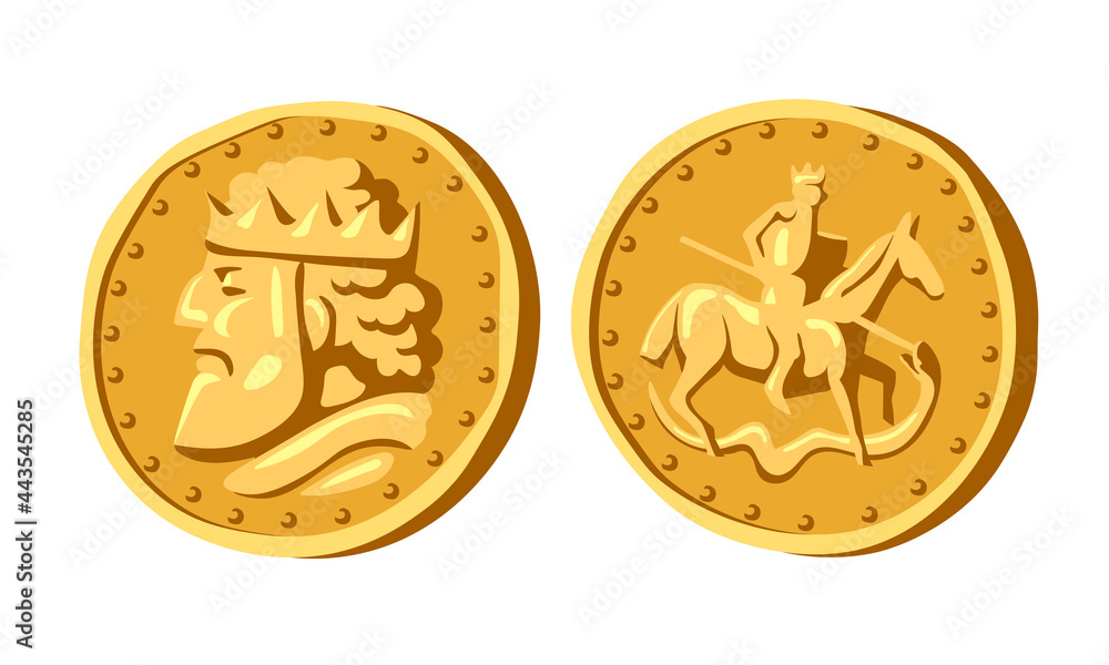medieval ancient coin with the profile of a king, a spearman on a horse ...