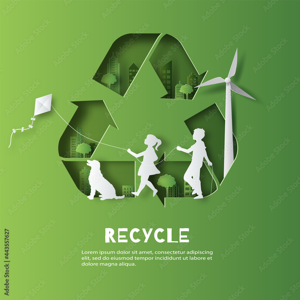 Recycle Symbol, kids playing kite, enjoy their life in a good ...
