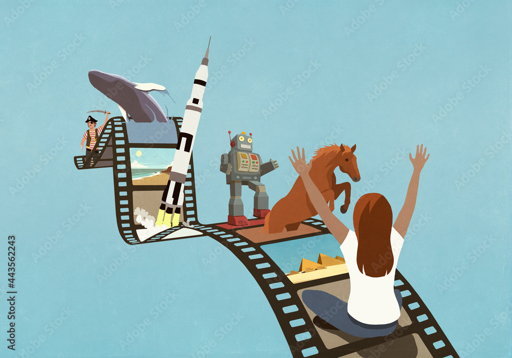 Excited woman enjoying nature and science images on film reel Stock ...