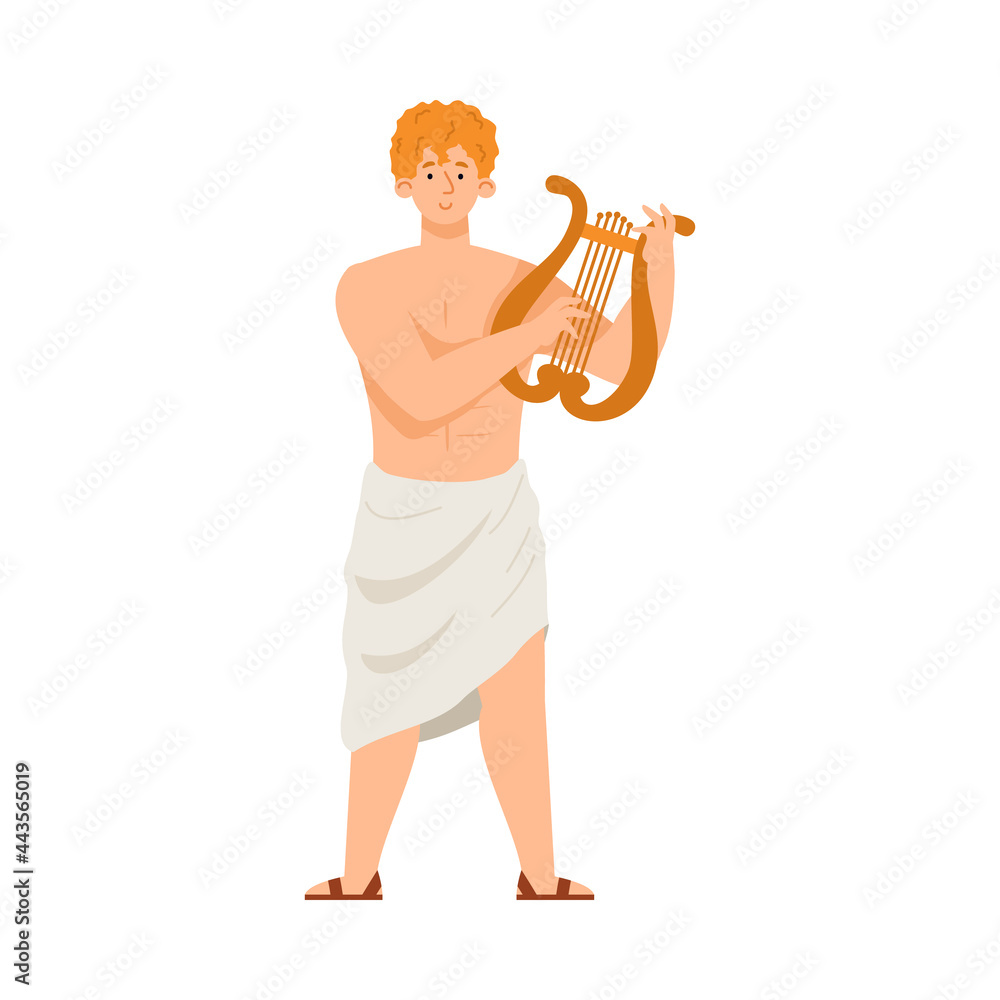 Antique Apollo god with musical harp, flat cartoon vector illustration ...