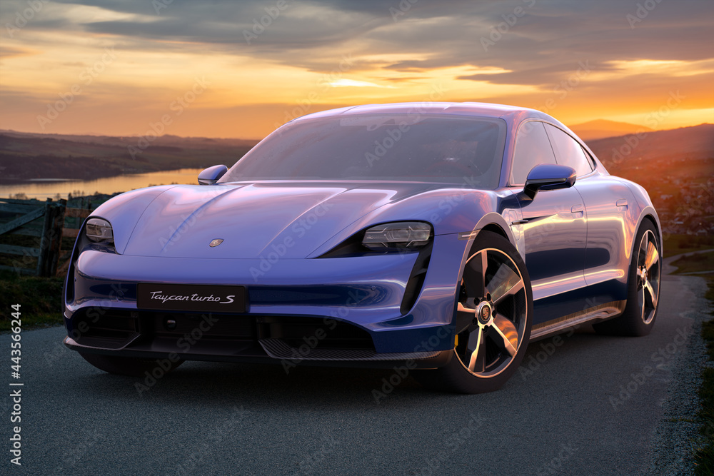 Porsche Taycan - an all-electric sports car in a panoramic parking lot ...