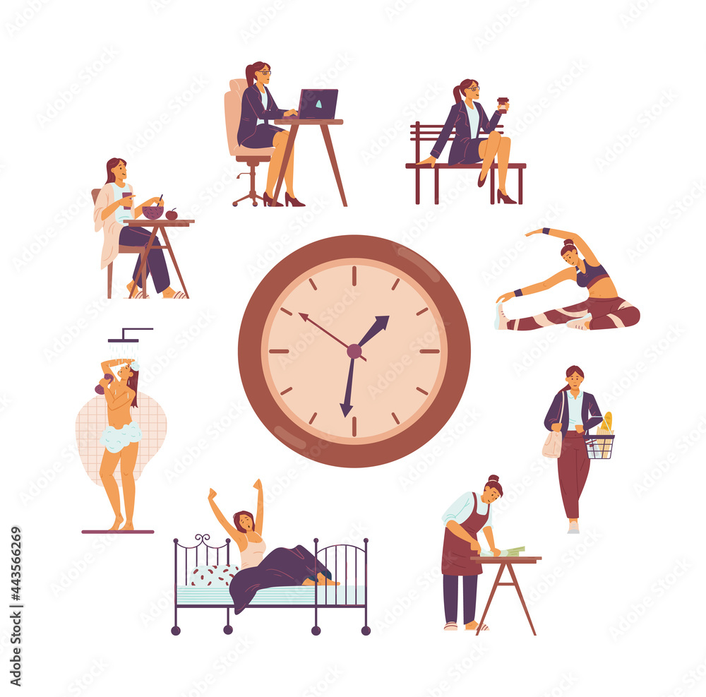 Clock with set of daily woman routine from morning to night a vector ...