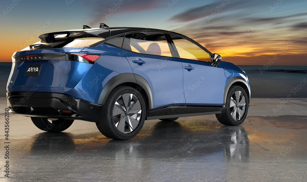 Nissan Ariya - an all-electric SUV car in a panoramic parking lot Stock ...