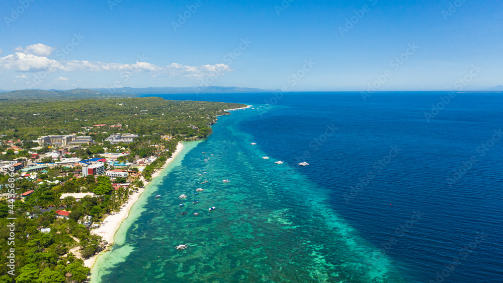 Aerial top view on sand beach,palm tree and ocean. Alona beach and ...