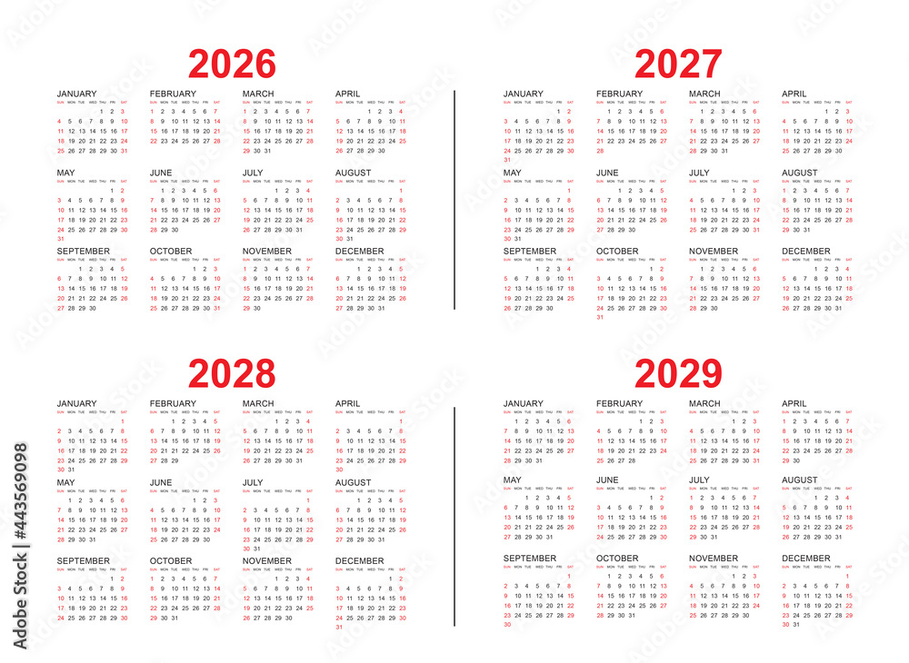 Calendar from 2026, 2027, 2028, 2029 years template. Calendar mockup design in black and white ...