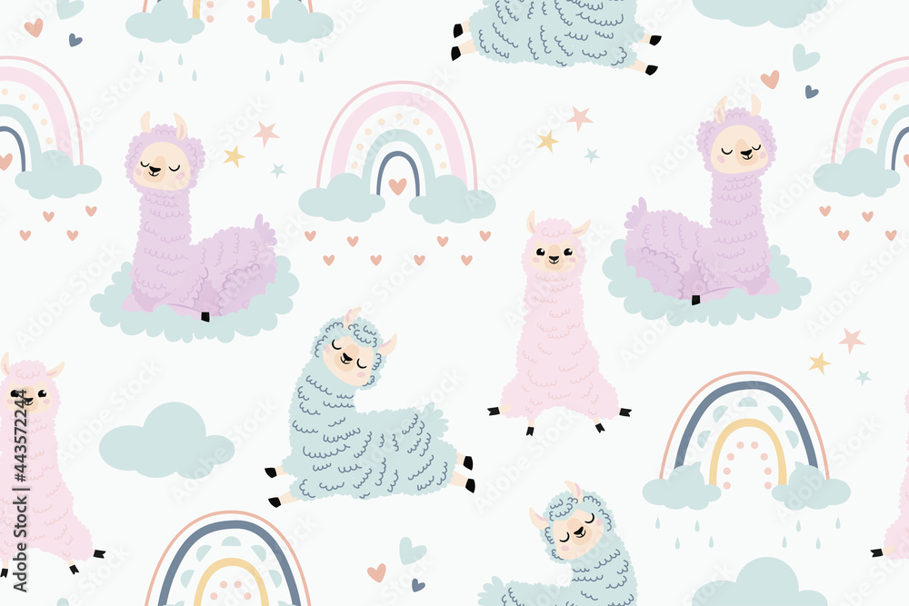 Seamless llamas vector pattern with rainbows and clouds on blue color ...