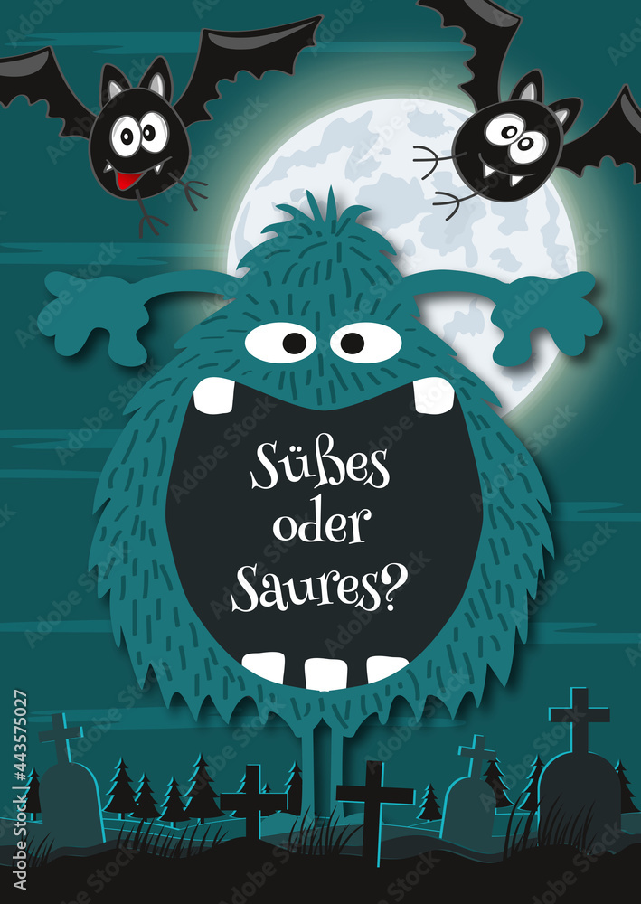Süßes oder Saures, lustiges Halloween Poster mit Monster bei Nacht auf ...