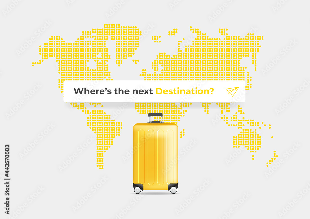 Where's the next destination text in search box on world map background ...