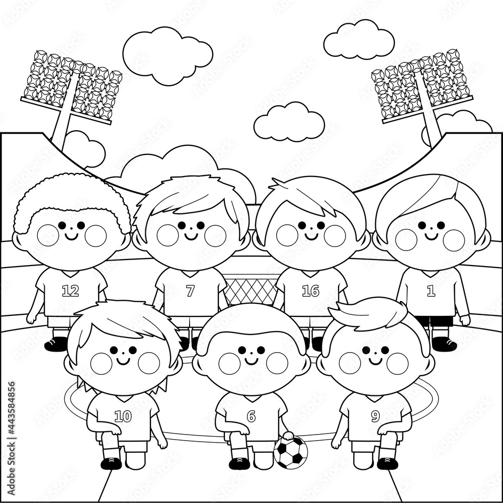 Children soccer player team in a stadium. Vector black and white ...