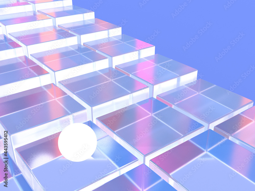 3D rendered glass blocks with a highlighted white sphere on a light ...