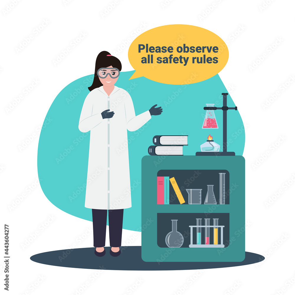 School, college, science chemical laboratory safety concept with young ...