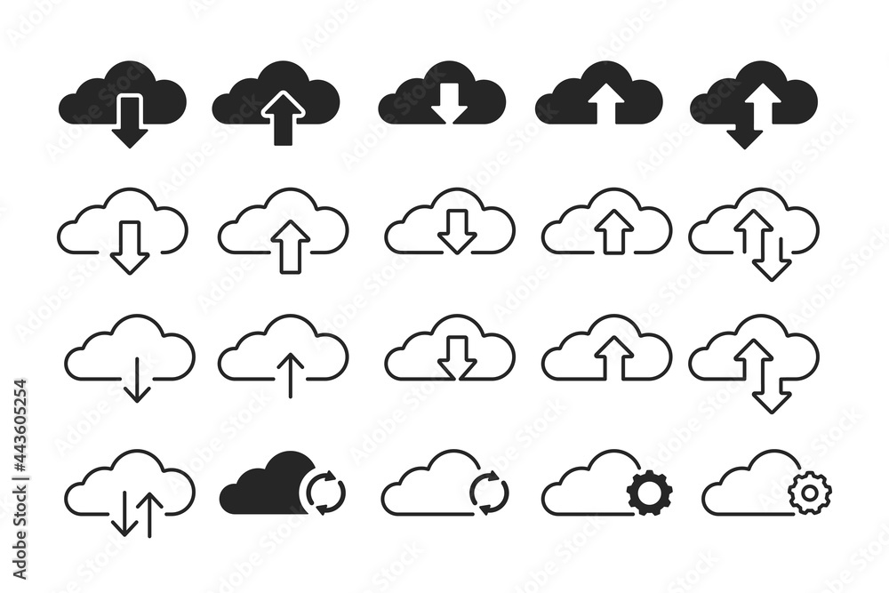 Cloud upload and download icon collection. Download, upload, sync cloud arrows. Line style ...