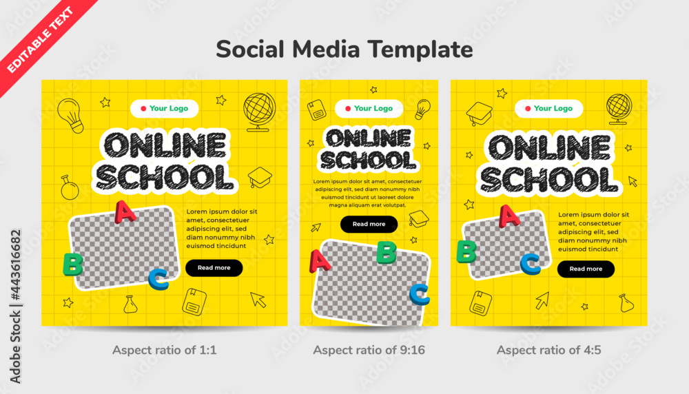 Online school social media template with 3d illustration. Digital ...