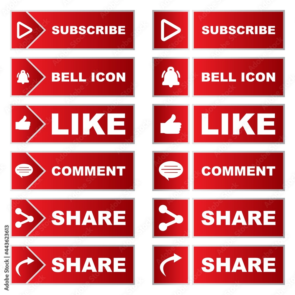 Vetor de Subscribe button collection with multiple shape. Red color button collection with like ...