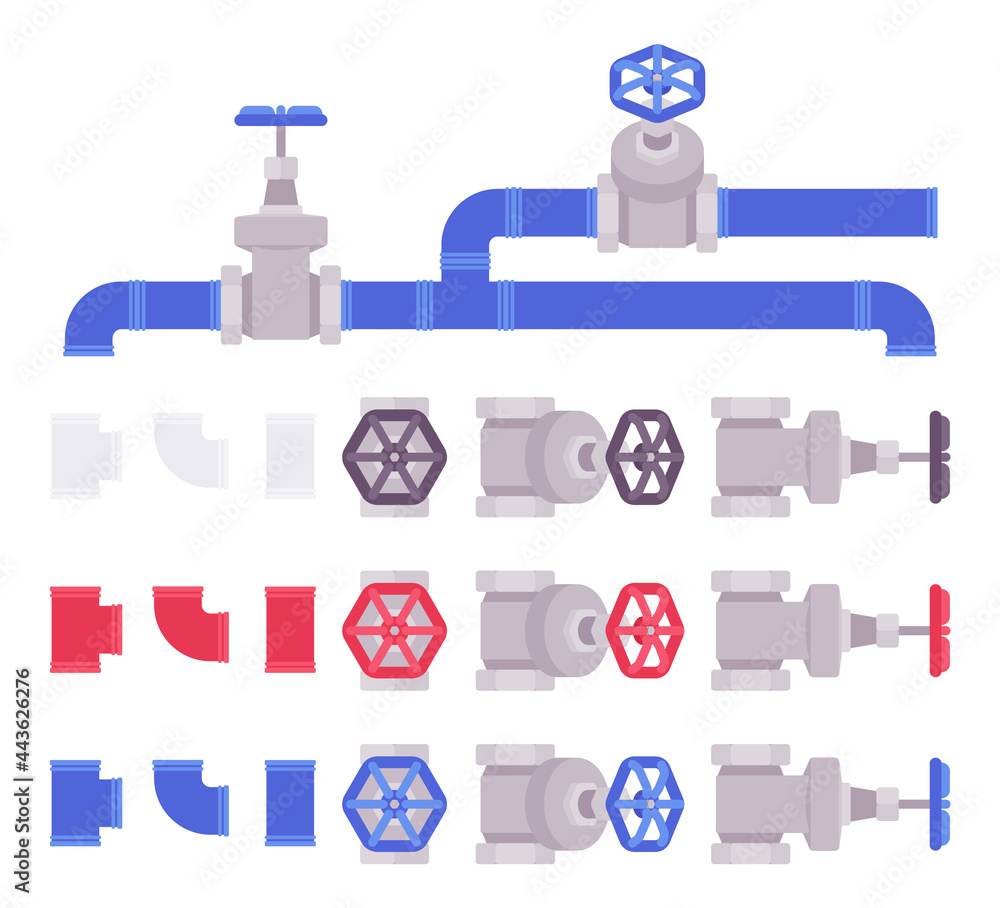 Piping and plumbing fittings, tube joints, pipe sections set. White ...