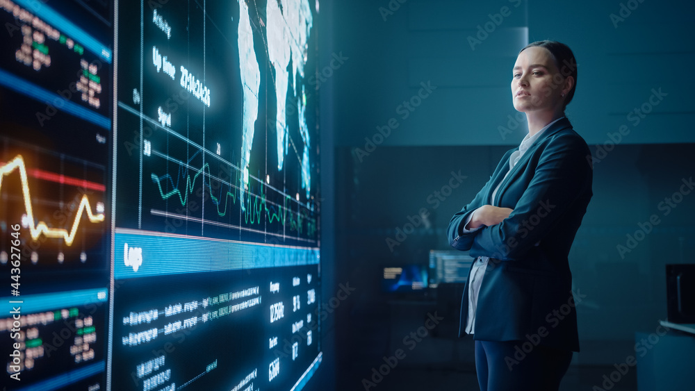 Young Female Computer Science Engineer Looking at Big Screen Display ...