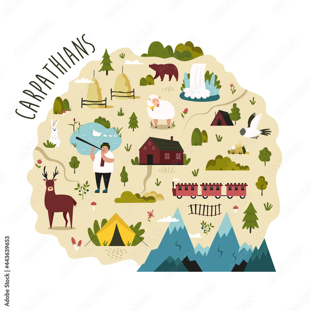 Bright map of Carpathians region with landscapes, symbols, animals ...