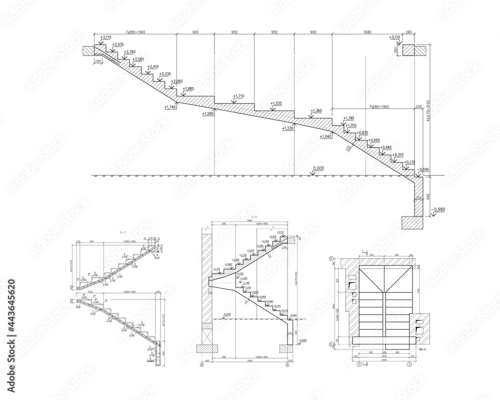 Detailed architectural plan of stairs, construction industry vector ...